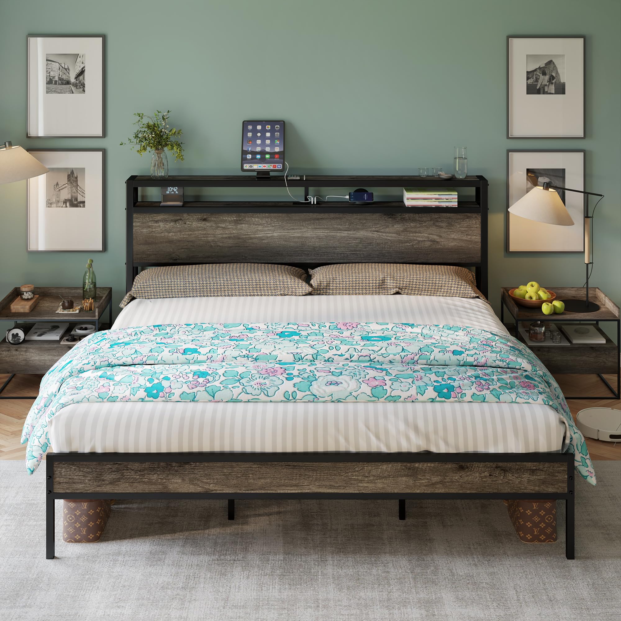 LUXOAK King Size Bed Frame, Platform Bed Frame with 2-Tier Storage Headboard and Charging Station/No Box Spring Needed/Noise Free/Industrial/Rustic Grey
