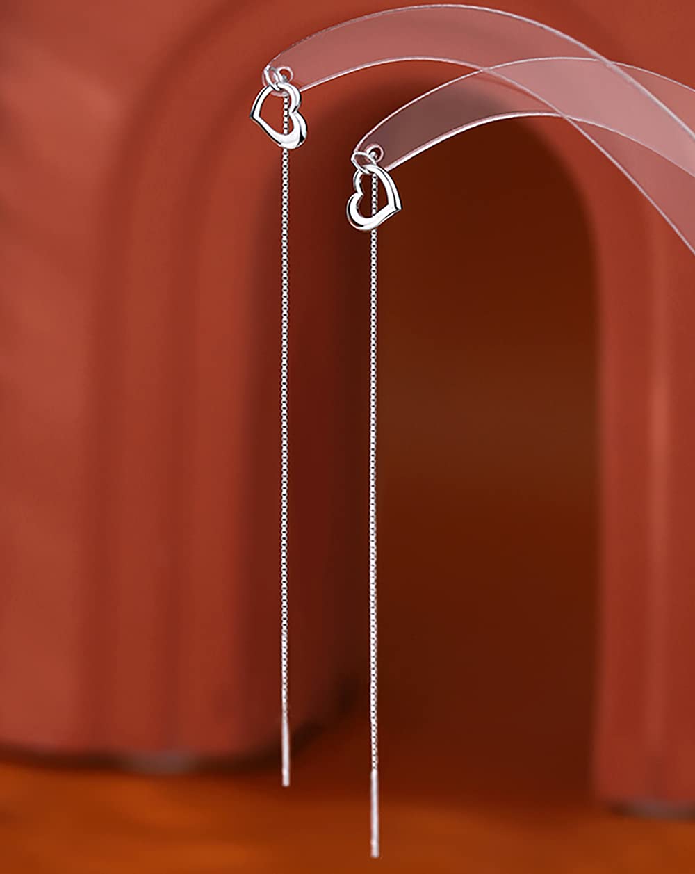 Reffeer Solid 925 Sterling Silver Love Heart Chain Dangle Earrings Tassel for Women Heart Dangle Earrings Threader Drops (A-Silver)