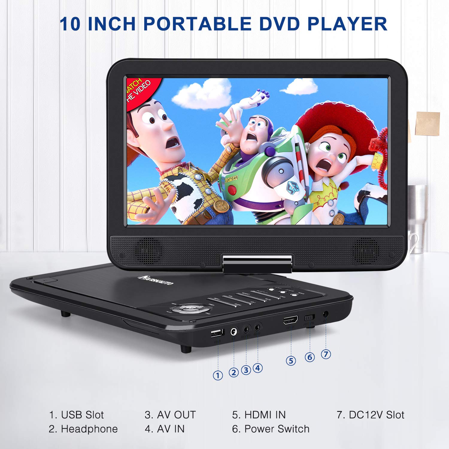 NAVISKAUTO 13" HD Portable DVD Player with HDMI Input, Swivel Screen, Rechargeable Battery, AV in/Out, Support 1080P Video