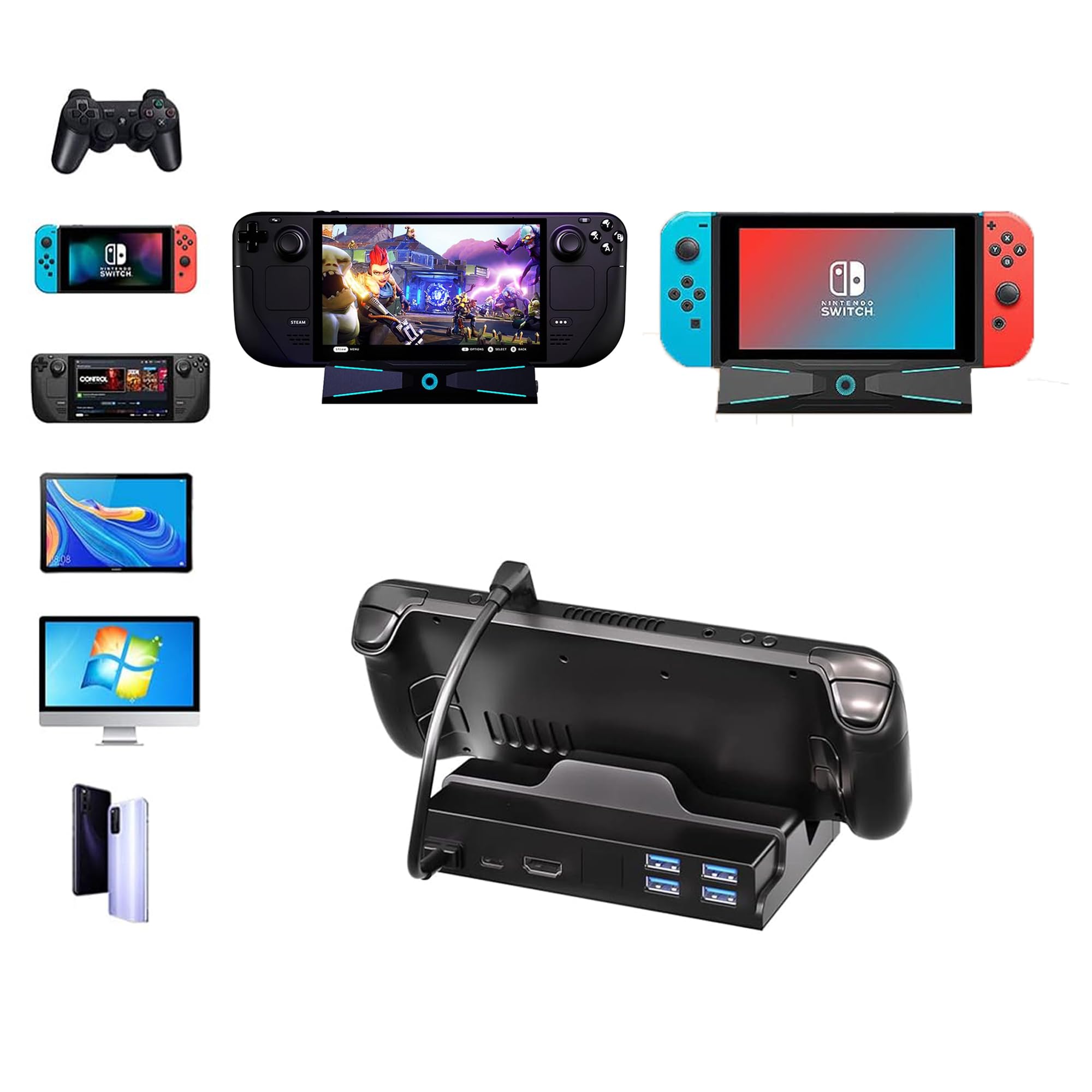 TV Docking Station Compatible for Switch Steam Deck 6-in-1 Hub Steam Deck Dock Switch Dock with 4 USB-A 3.0, HDMI, PD 3.0 Fast Charger USB-C, and Full Speed Charging USB-C Port Designed