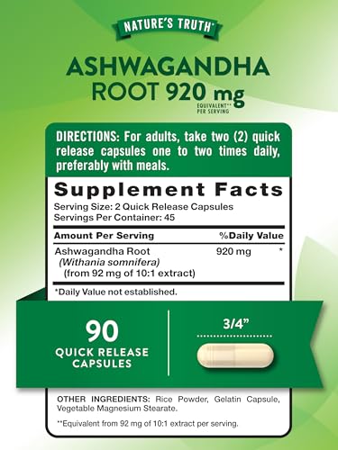 Nature's Truth Ashwagandha Capsules | 920 mg | 90 Count | Non-GMO & Gluten Free Supplement