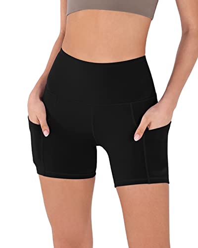 ODODOS Women's 4" High Waist Biker Shorts with Pockets, Tummy Control Non See Through Workout Sports Athletic Running Yoga Shorts, Black, Medium