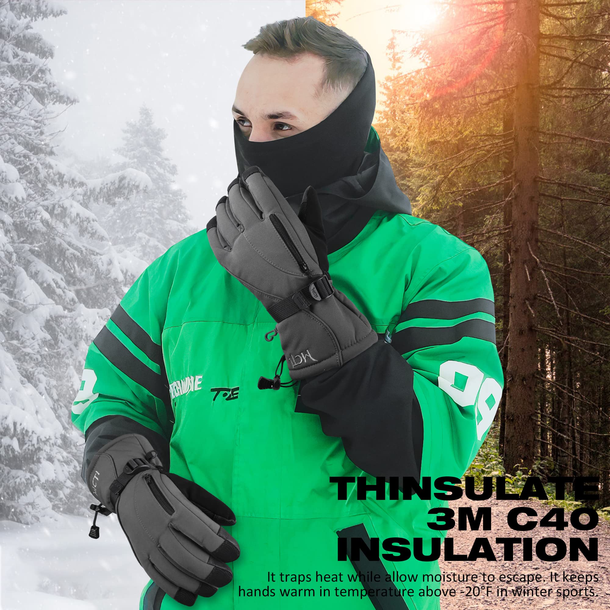 MCTi Waterproof Mens Ski Gloves Winter Warm 3M Thinsulate Snowboard Snowmobile Cold Weather Gloves Grey Large
