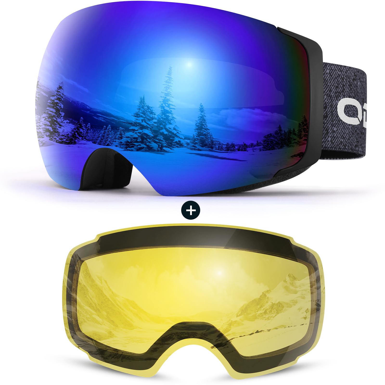Odoland Magnetic Interchangeable Ski Goggles with 2 Lens, Large Spherical Frameless Snow Snowboard Goggles for Men Women, White Frame Lightblue Lens vlt 12%