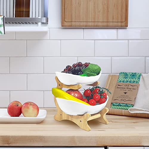 PROLEE 3 Tier/2 Tier Ceramic Fruit Bowl with Bamboo Wood Stand, Large Fruit Basket for Kitchen, Ceramic Serving Tray Set for Sushi, Dessert, Fruit,Cake, Candy (2 Tier)