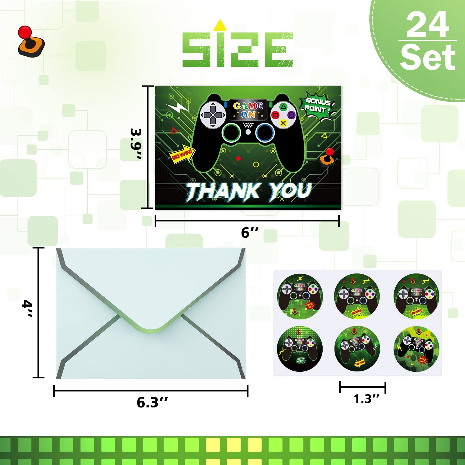 WERNNSAI 24 PCS Thank You Cards Assortment Greeting Cards with Envelopes Stickers Video Game Thank You Cards Fill in Blank Note Cards Gaming Party Supplies for Kids Boys Gaming Theme Birthday Party