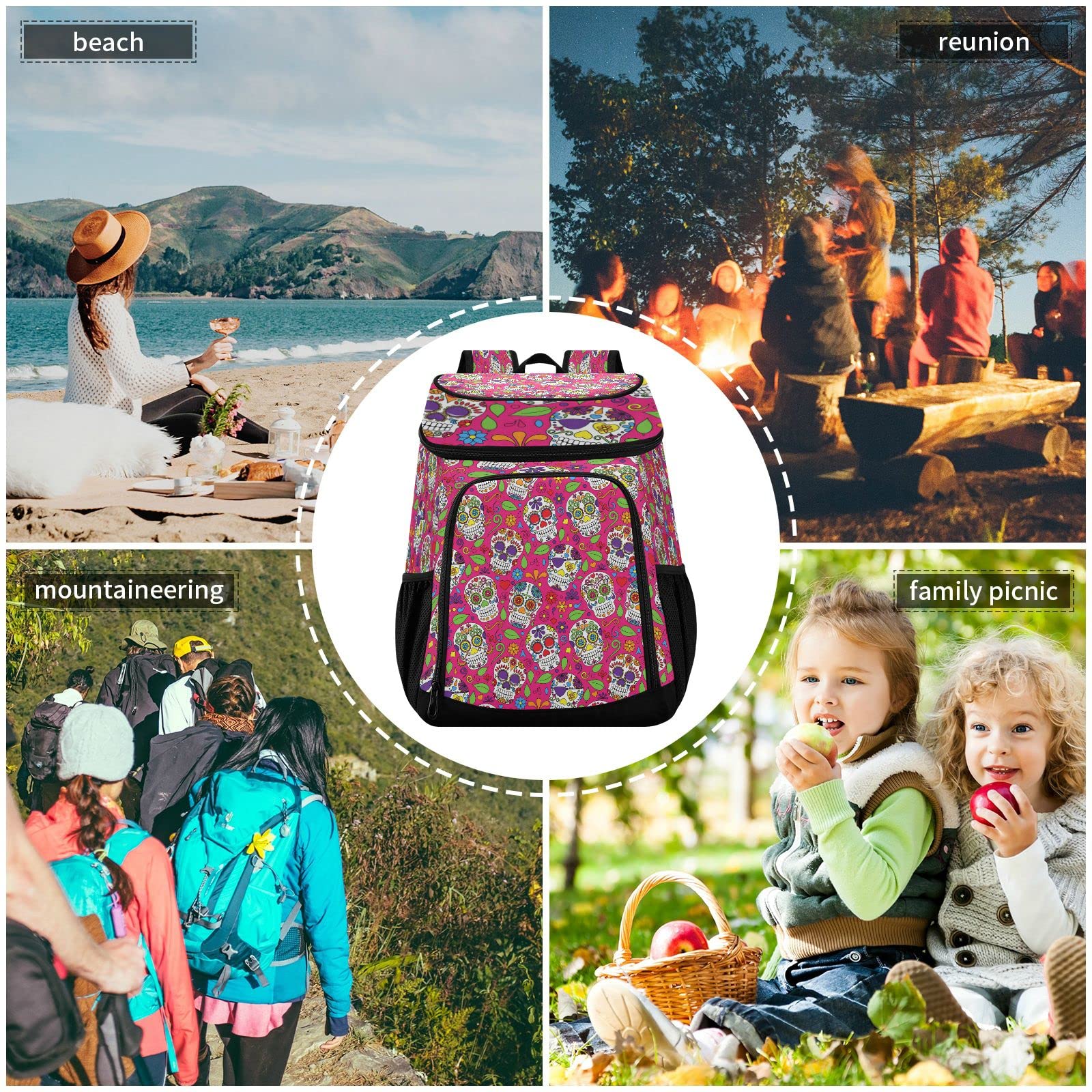 Sugar Skull Day Off The Dead Pink Cooler Backpack Insulated Waterproof Leak Proof Beach Cooler Bag Lightweight Lunch Picnic Camping Backpack Cooler for Men and Women