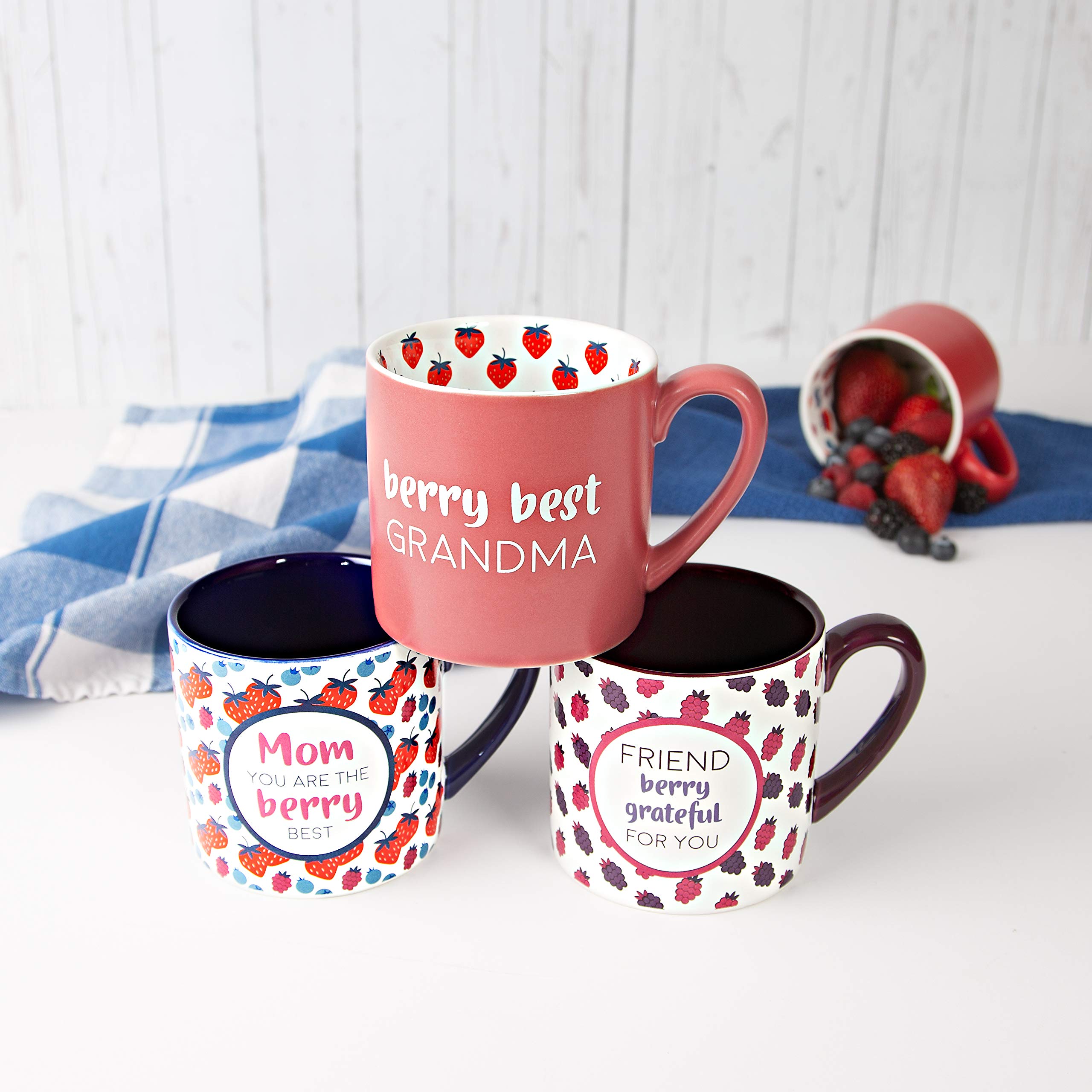 Pavilion Gift Company Berry Best Grandma-15oz Pink Strawberry Stoneware Coffee Cup Mug, 15oz, Blue