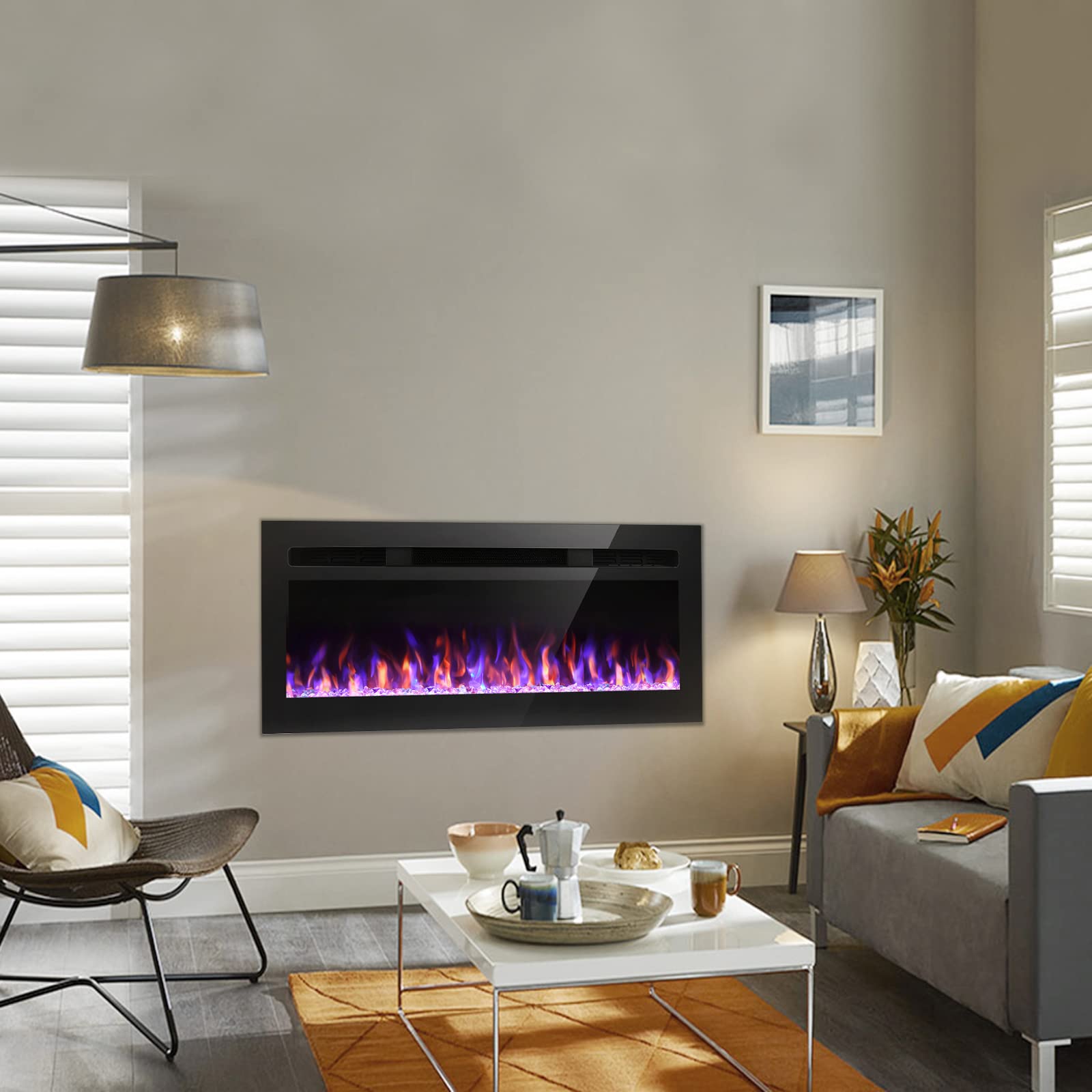 LITSDFM 43 Inch Electric Fireplace, Recessed and Wall Mounted Fireplace, Fireplace Heater and Linear Fireplace, with Timer, Remote Control, Adjustable Flame Color, 750/1500W, Black