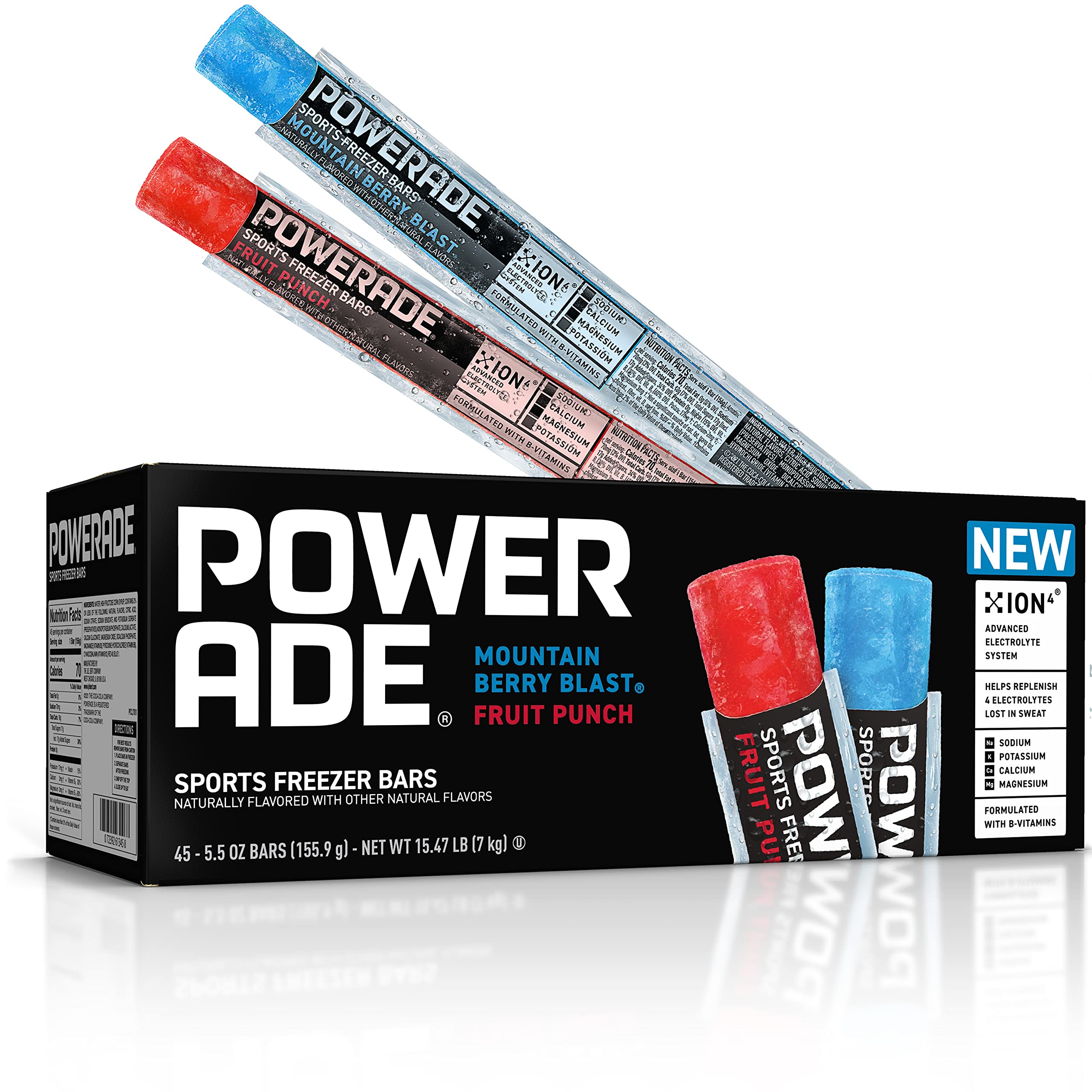 POWERADE Sports Freezer Bars, Giant Sized 5.5 oz Refreshing Ice Pops with Electrolytes B Vitamins – Naturally Flavored with other Natural Flavors, Mountain Berry Blast and Fruit Punch, 45 Total