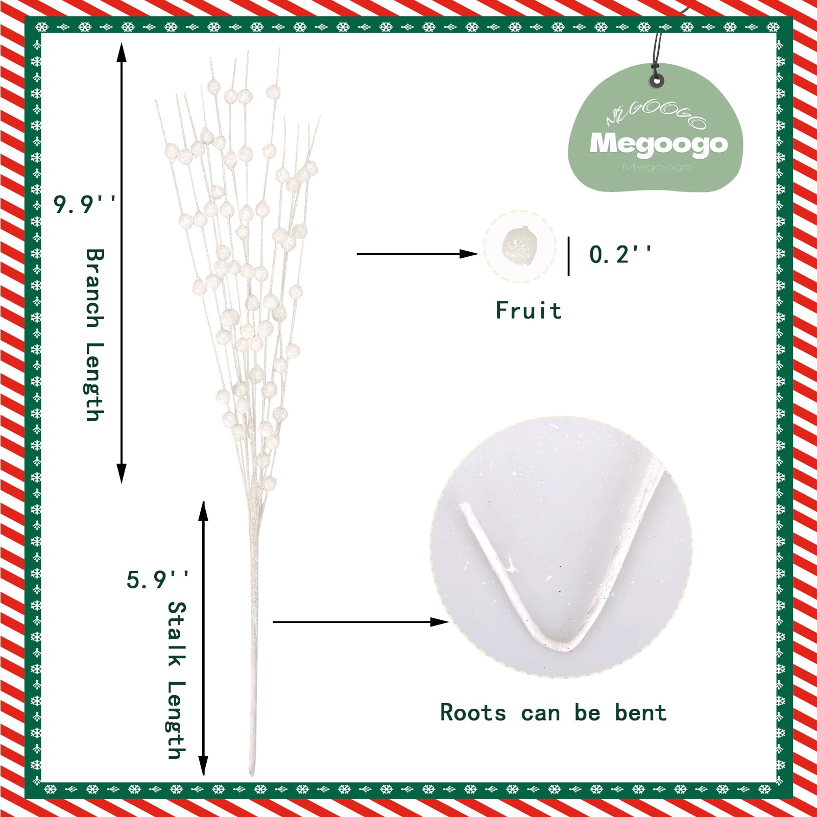 Megoogo 12 PCS Artificial Glitter Berry, White Christmas Glitter Picks Artificial Berries Stems Ornaments Fake Xmas Stem Decorative Sticks for Vases Tall DIY Wreath Home Decor (15.8ββ)