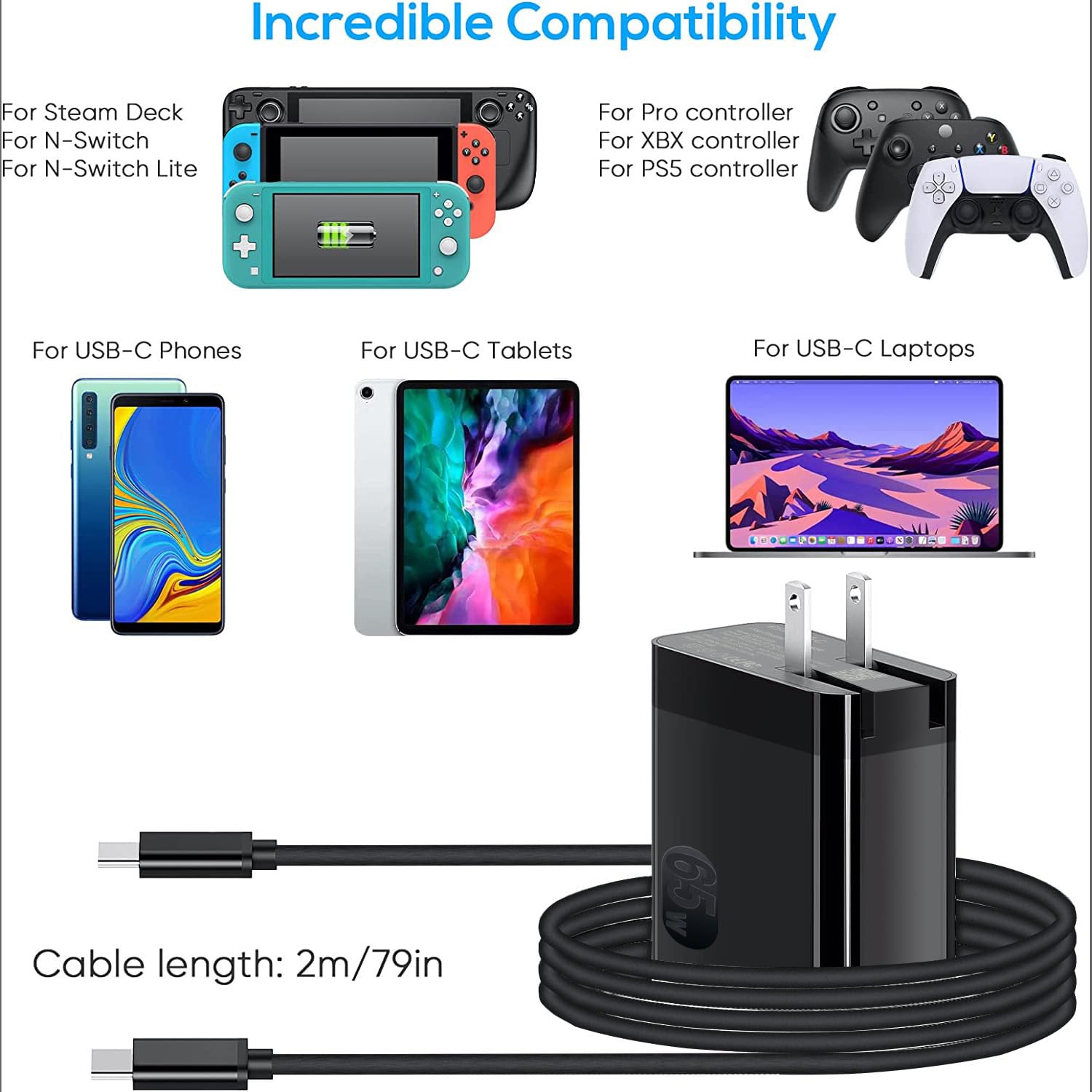 USB C Charger for Steam Deck Charger 65W 45W, Type-C PD 3.0 Fast Charger Power Adapter for Steam Deck/Nintendo Switch/Xbox /PS5 /Tablet/Laptop/Phone, Foldable USB-C Wall Adapter with 6ft C-C Cable