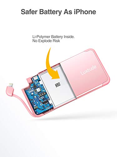 Luxtude 5000mAh Portable Charger for iPhone, Ultra Slim MFi Apple Certified Battery Pack Built in Lightning Cable, Fast Charging Power Bank for iPhone 13/12/11 Pro/X/XR/XS Max/8/7/6S, Rose Gold Pink.