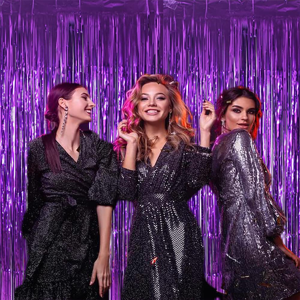 Purple Backdrop Curtains for Party Supplies - 6.5x6.5 ft, Pack of 2 | LILF Foil Fringe Curtain Streamers Tinsel Backdrop for Birthday Bachelorette Party Decorations Photo Booth Props