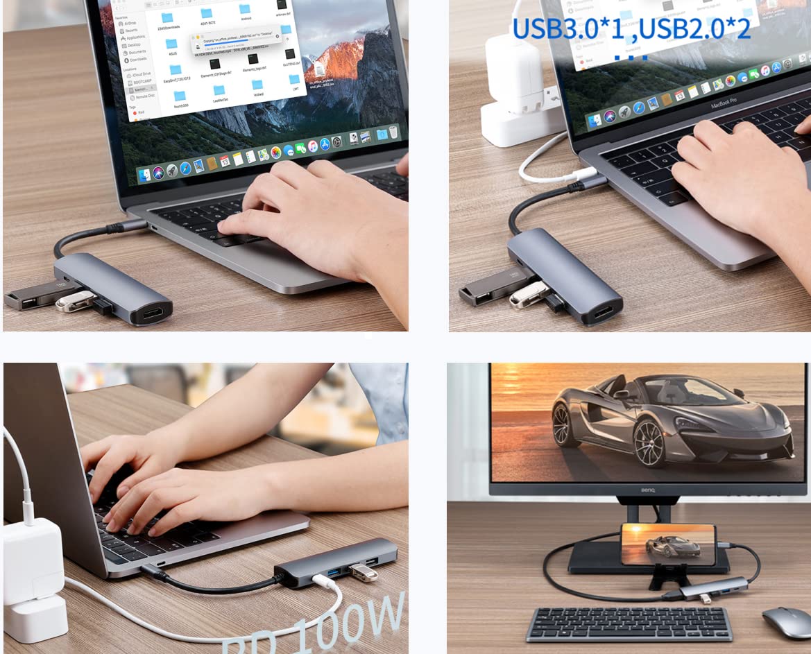 USB C Hub,5 in 1 USB C Adapter,with 4K HDMI Output/USB 3.0/USB 2.0 * 2/100W PD for MacBook Pro/Air, iPad Pro/Dell XPS(Compatible USB C Laptops and Other Type C Devices)