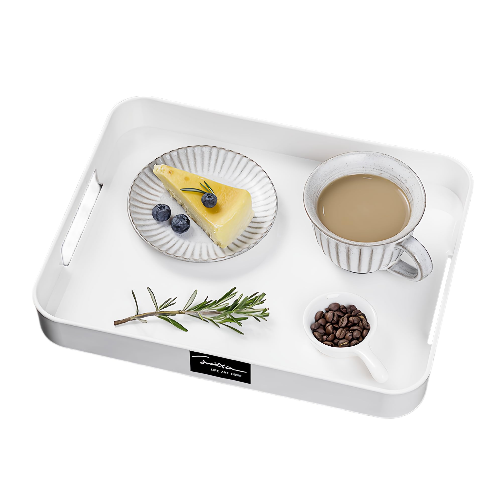Plastic Serving Tray with Handles Rectangular in White 12.99inchx10.24Inch, Breakfast Tray Reusable Charcuterie, Food, Snack, Dessert Platters, Used in Bedroom, Kitchen, Living Room, Bathroom…