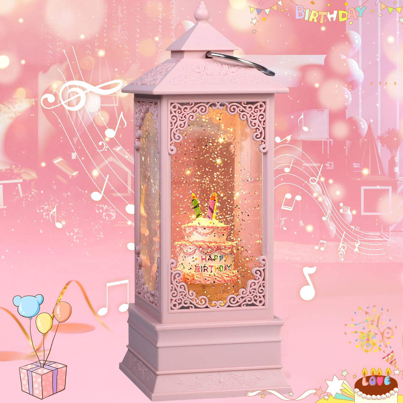 VITAKEO-[360° Rotation Birthday Cake Rotation Music Lamp Present LED Lights (11.4" x 4.13") for Women Present Mom Daughter Daughter Granddaughter Christmas Decoration Birthday Present-Pink