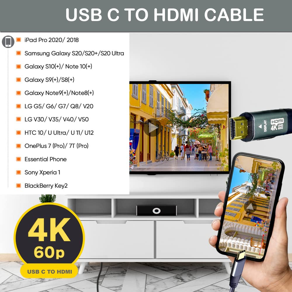 USB C to HDMI Cable 10FT with IC, 4K@60HZ Type-C to HDMI for MacBook Pro/Air, iMac, Galaxy S20 S10 S9 S8, Surface, Dell, HP, MacBook Pro, MacBook Air, iPad Pro, Pixelbook, XPS, Galaxy, and More