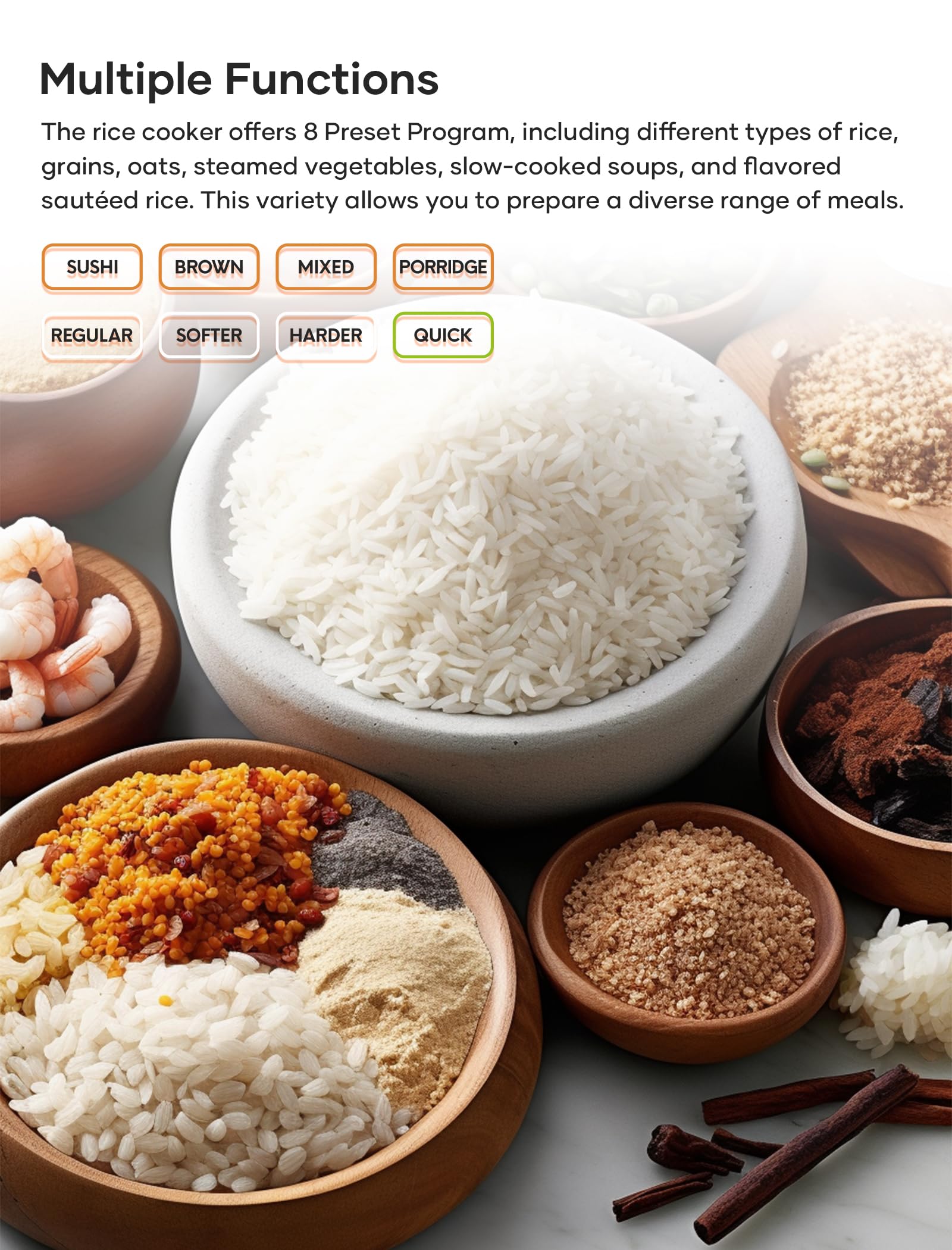 Offacy Rice Cooker Maker 8 Cup Uncooked 8 Preset Programs, Smart Fuzzy Logic, Large Stainless Steel Steamer, Friendly Touch Panel and LED HD Display, Auto Keep Warm, Quick Cook, Black