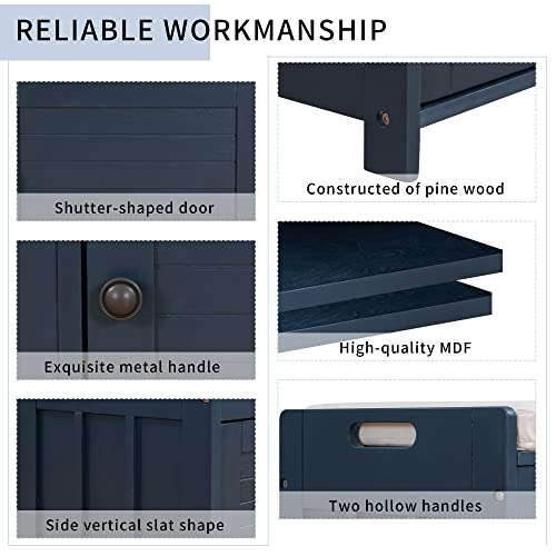 Lifeand, Shoe Removable Cushion and Hidden Space Storage Bench with 3 Shutter-Shaped Doors, 1, Antique Navy