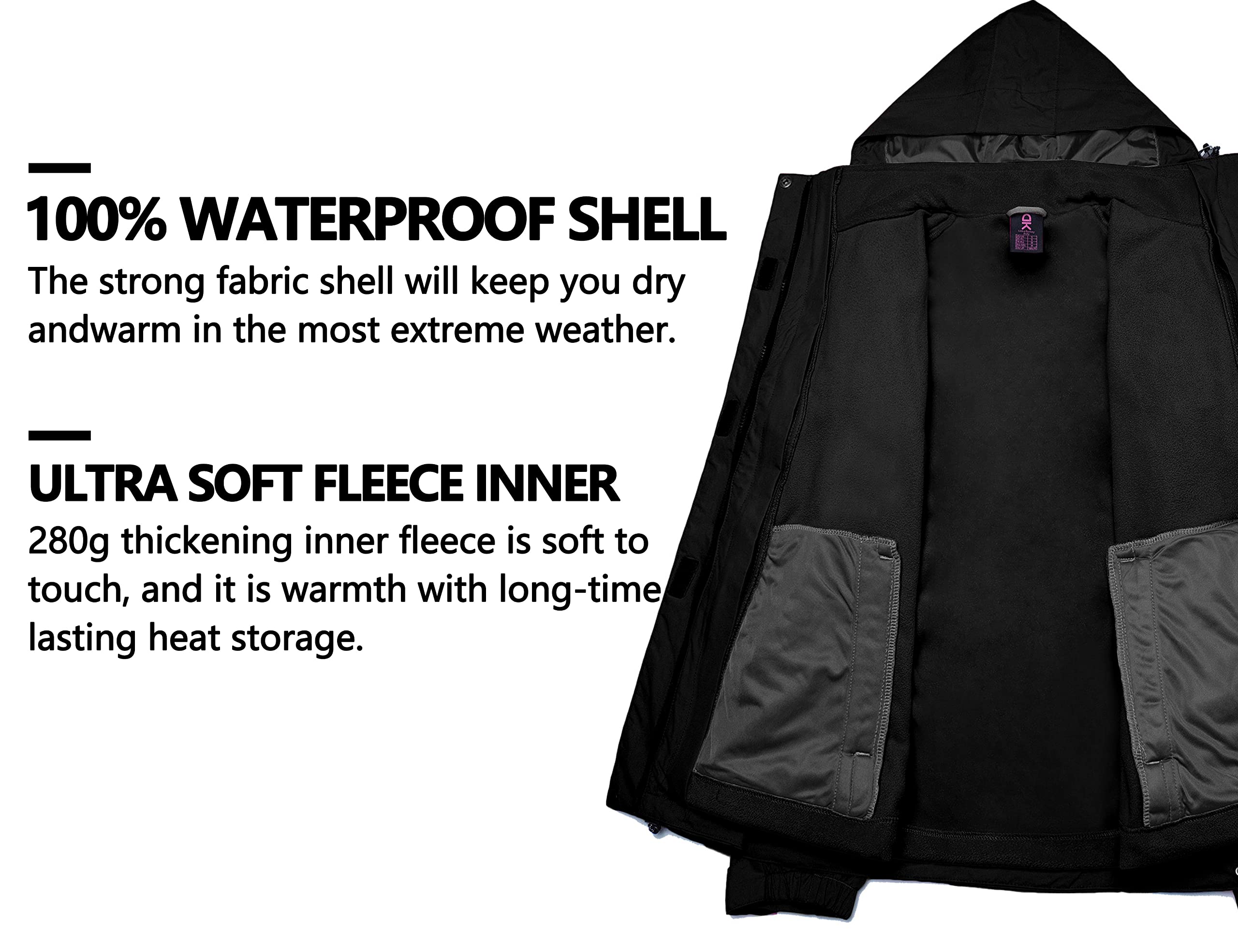 Little Donkey Andy Women's 3 in 1 Winter Ski Jacket Warm Fleece Liner Jacket Waterproof Windproof Snow Coat & Detachable Hood Black L