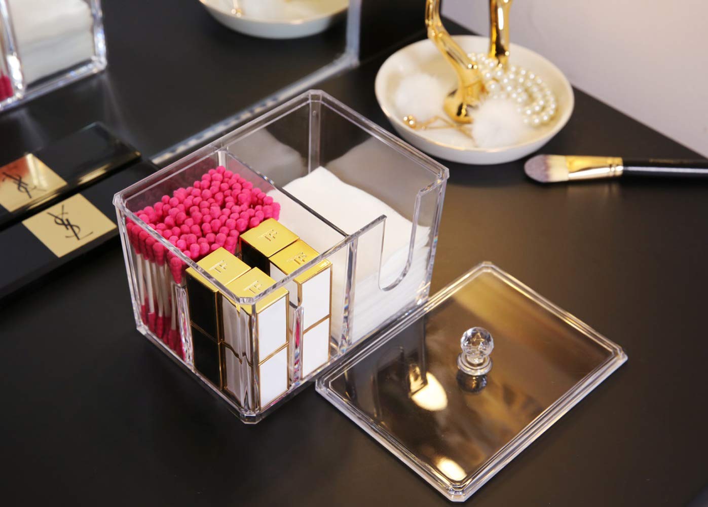 MOOCHI Q-Tips Cotton Swab Holder Makeup Pads Sponge Lipstick Container with Lid Acrylic 2 Trays Bathroom Bedroom Organizer