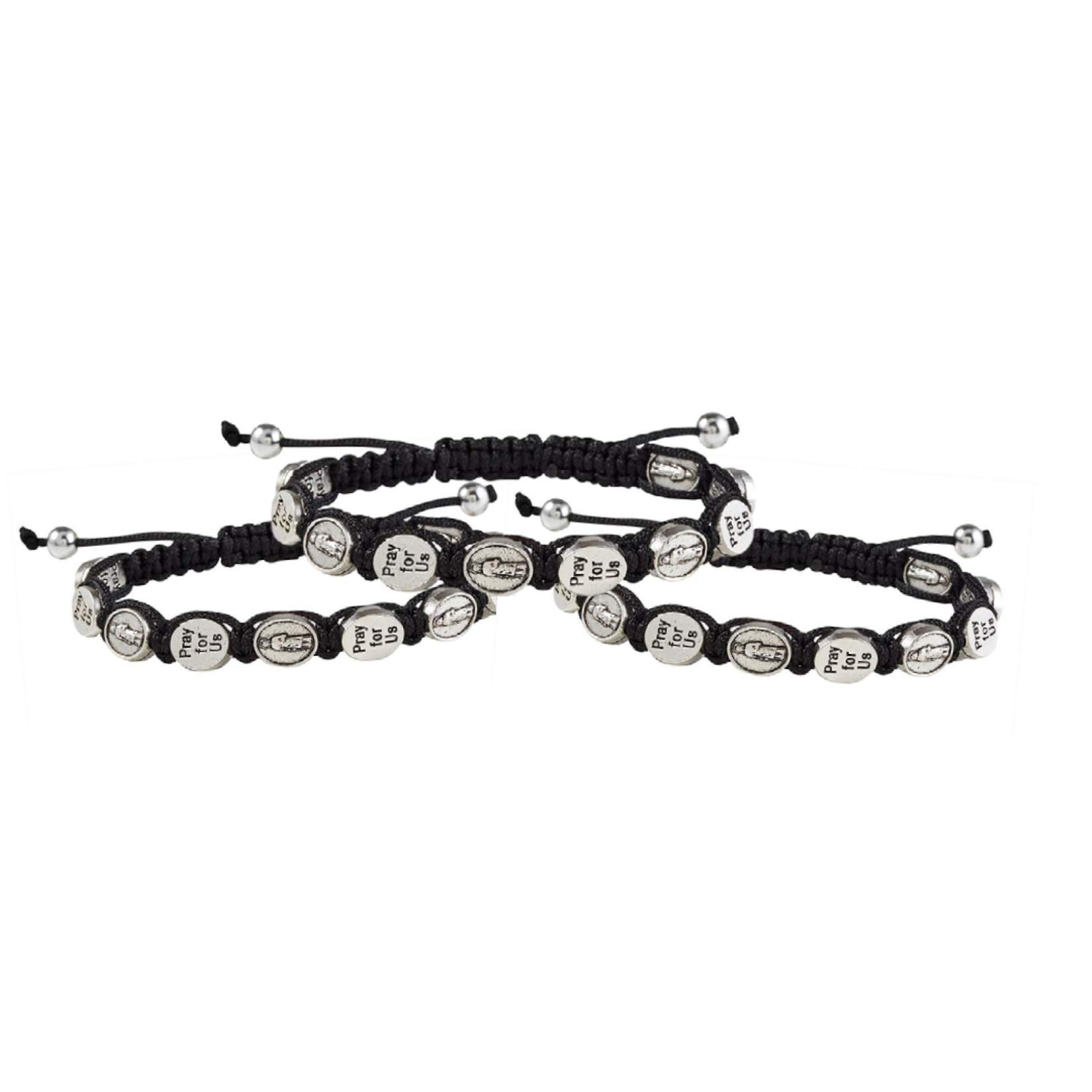 Needzo St. Joseph The Worker Catholic Black Bracelet with Pray for Us Silver Tone Medals, Set of 3