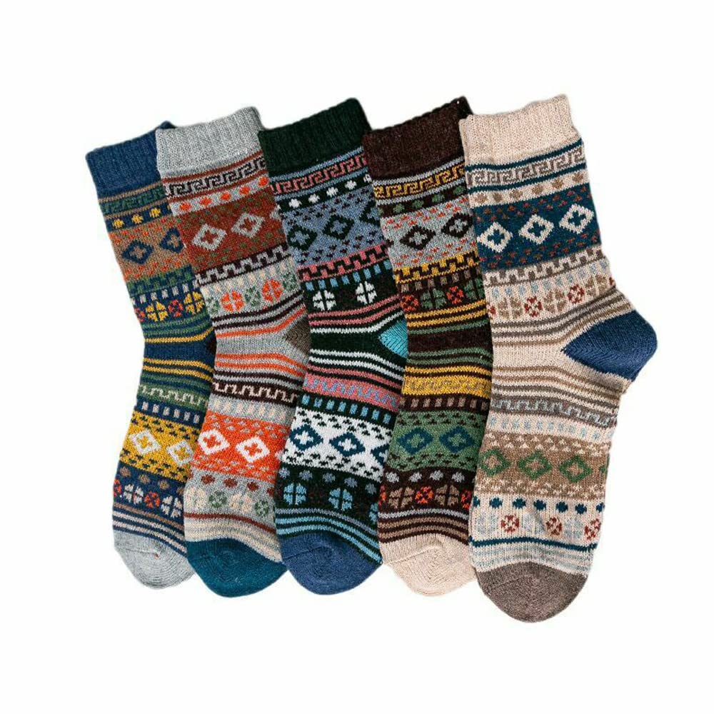 PONPY 5 Pairs Men Wool Socks Thick Knit Vintage Winter Warm Cozy Thermal Socks Gifts for Men Free Size