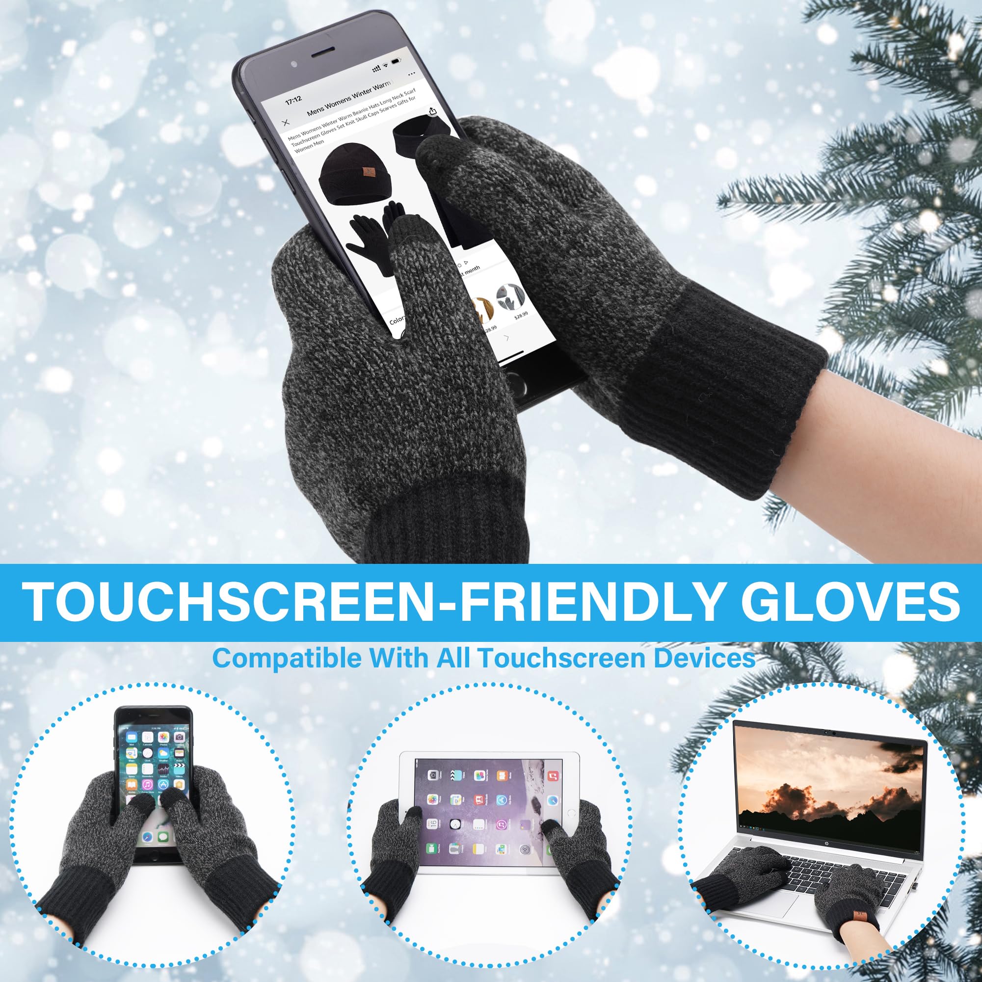 Mens & Womens Winter Knit Hat Beanie Long Neck Scarf Touchscreen Gloves Set Skull Cap with Fleece Lined Gifts for Men Women