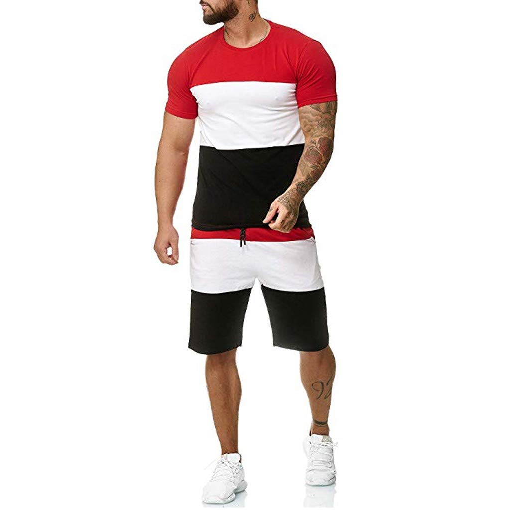 Mens 2 Piece Outfit Sport Set Short Sleeve Summer Leisure Casual Short Thin Sets Red