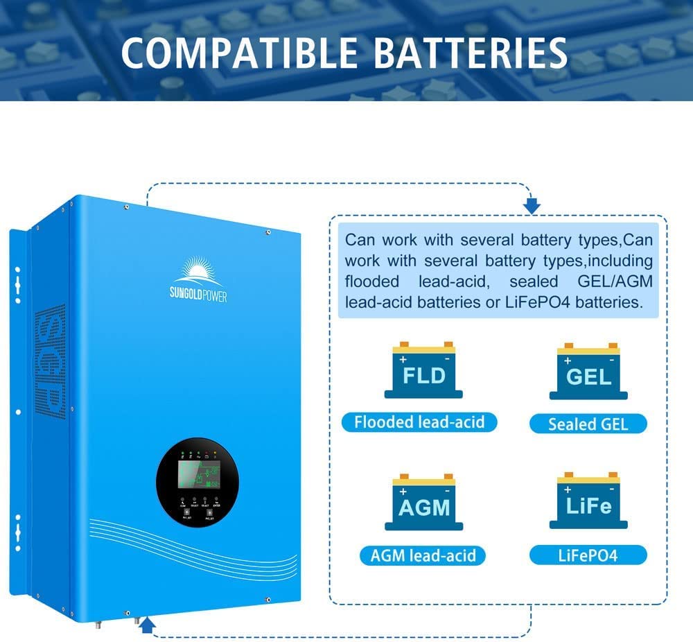 SUNGOLDPOWER UL 1741 12000W 48 Volt Solar Inverter Charger, 240V Input 120V/240V Output Split Phase, Pure Sine Wave, Low Frequency with 80A AC Charger, Two 60A MPPT Solar Chargers, Blue