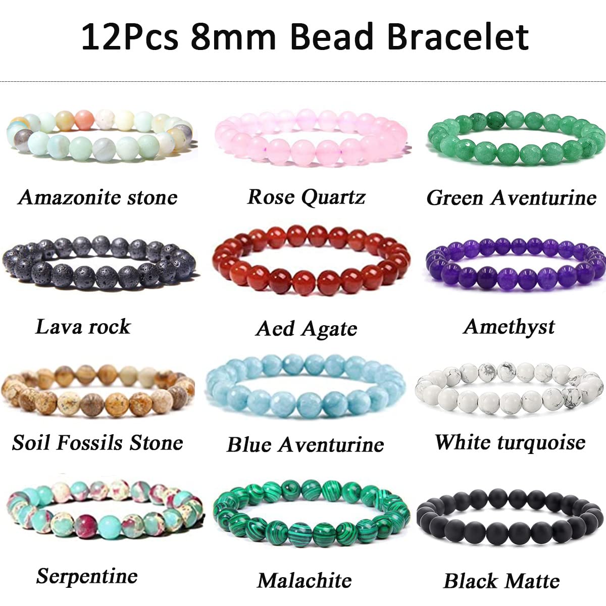 MOZAKA 12Pcs 4mm 6mm 8mm Gemstones Beaded Bracelets for Men Women Stone Bead Healing Stretch Round Bead Crystal Semi-Precious Bracelets Unisex