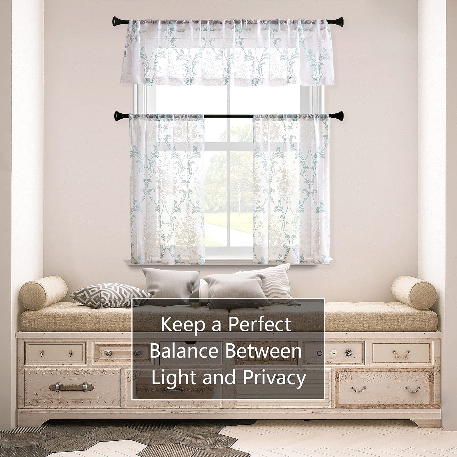 MRTREES Sheer Kitchen Tier Curtains, Short Cafe Curtains Rod Pocket, Small Scroll Damask Printed Bathroom Window Curtains Basement Damask Flower Print Tiers(2 Panels, 25x24 Inches, Taupe on White)