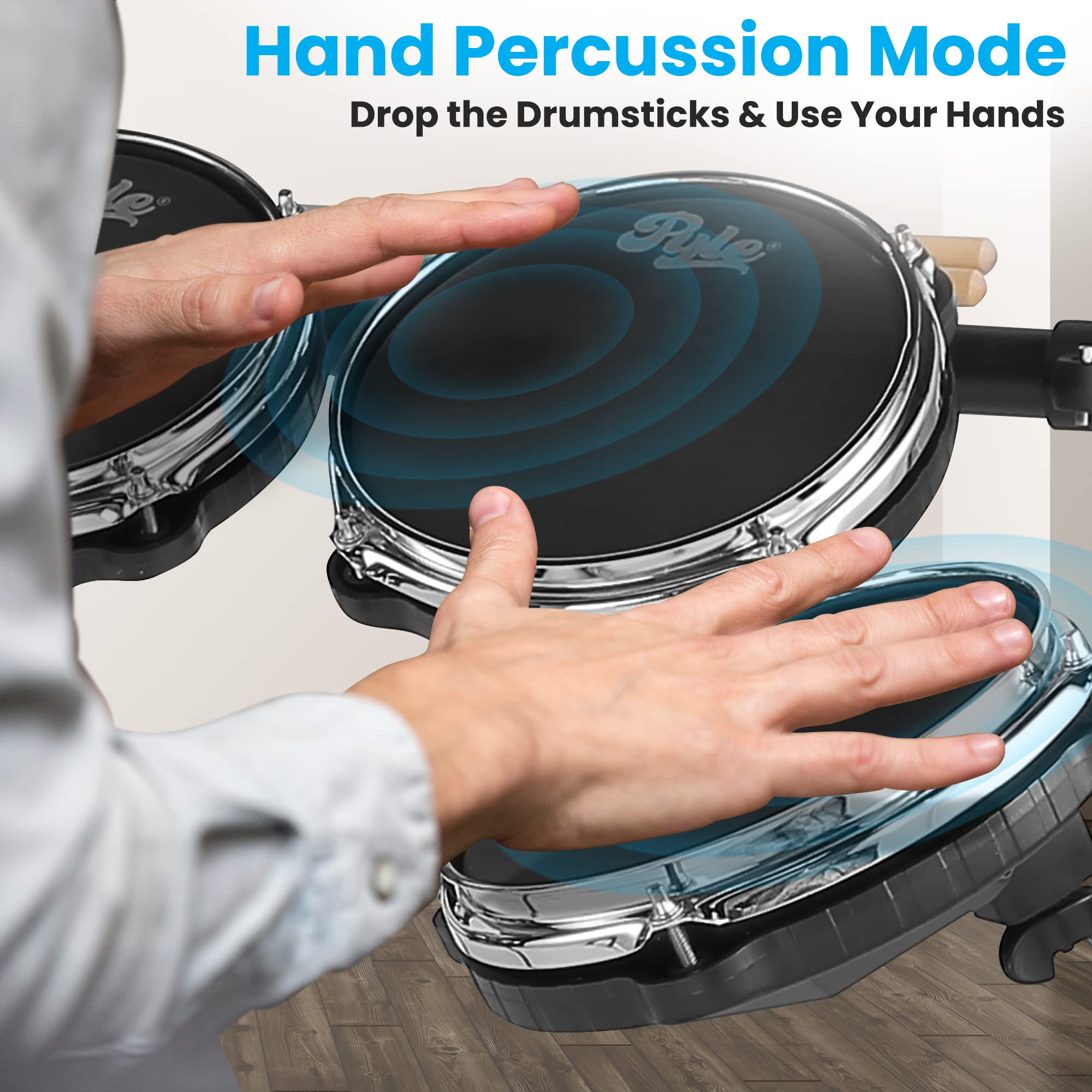 Pyle Electric Drum Set-Portable Quiet Electronic Kit with Mesh, Touch Sensitive Pads for Beginner, Supports MIDI (Mac & PC), Easy to Setup, Sticks Included for Home&Outdoor-PTEDK86 Black