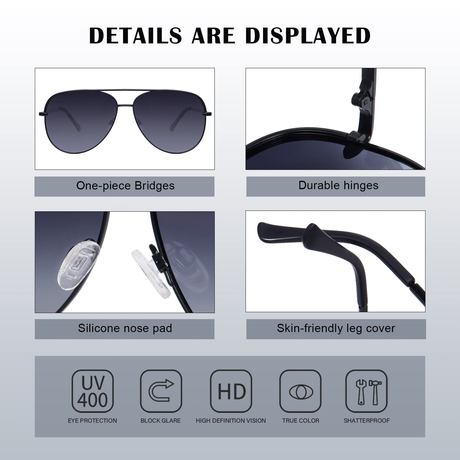 Sahouna Oversized Aviator Sunglasses for Women Men Polarized Sunglasses UV Protection Large Metal Frame Gradient Black