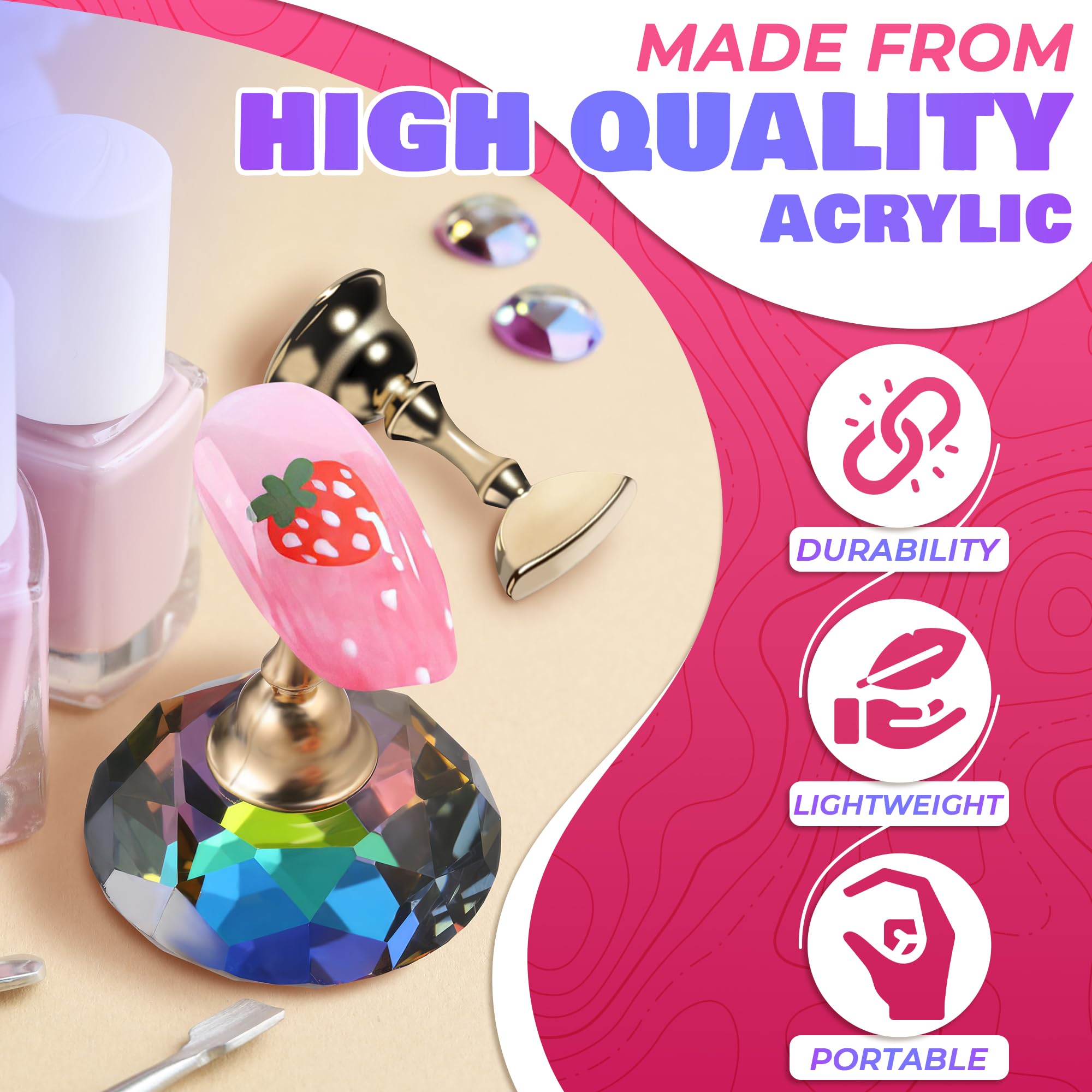 Nail Art Practice Stands, Magnetic Nail Tips Holders Fingernail Display Stands with 5 Pieces Alloy Practice Stand and One Crystal Base for DIY Nail Art Practicing Manicure tools