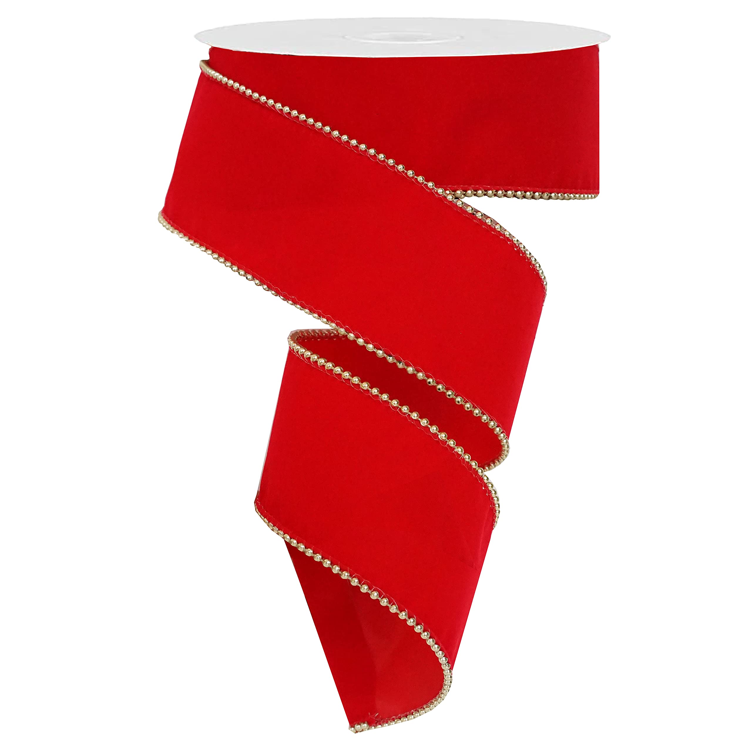 Liphontcta Cintago 2-1/2 Inch, 20 Yards Red Velvet Wired Ribbon with Gold Beads Edge, Christmas Wire Edge Ribbon (red)