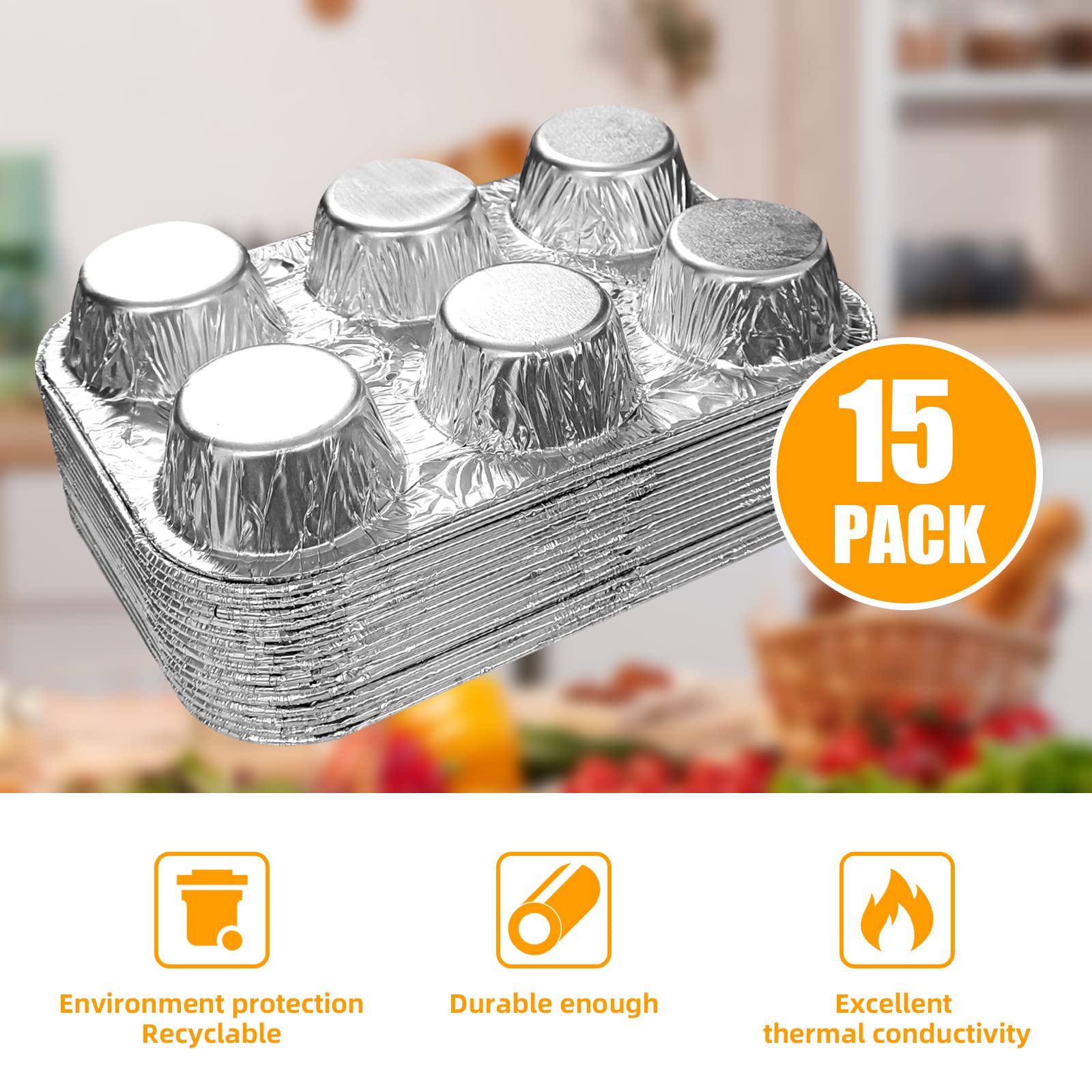 RTUDOPUYT 15 Pc Disposable Muffin Tins, 6-Cup Cupcake Aluminum Pans, Favorite Cupcake Tin Size For Baking Cupcakes Muffins And Mini Pies - Standard Size