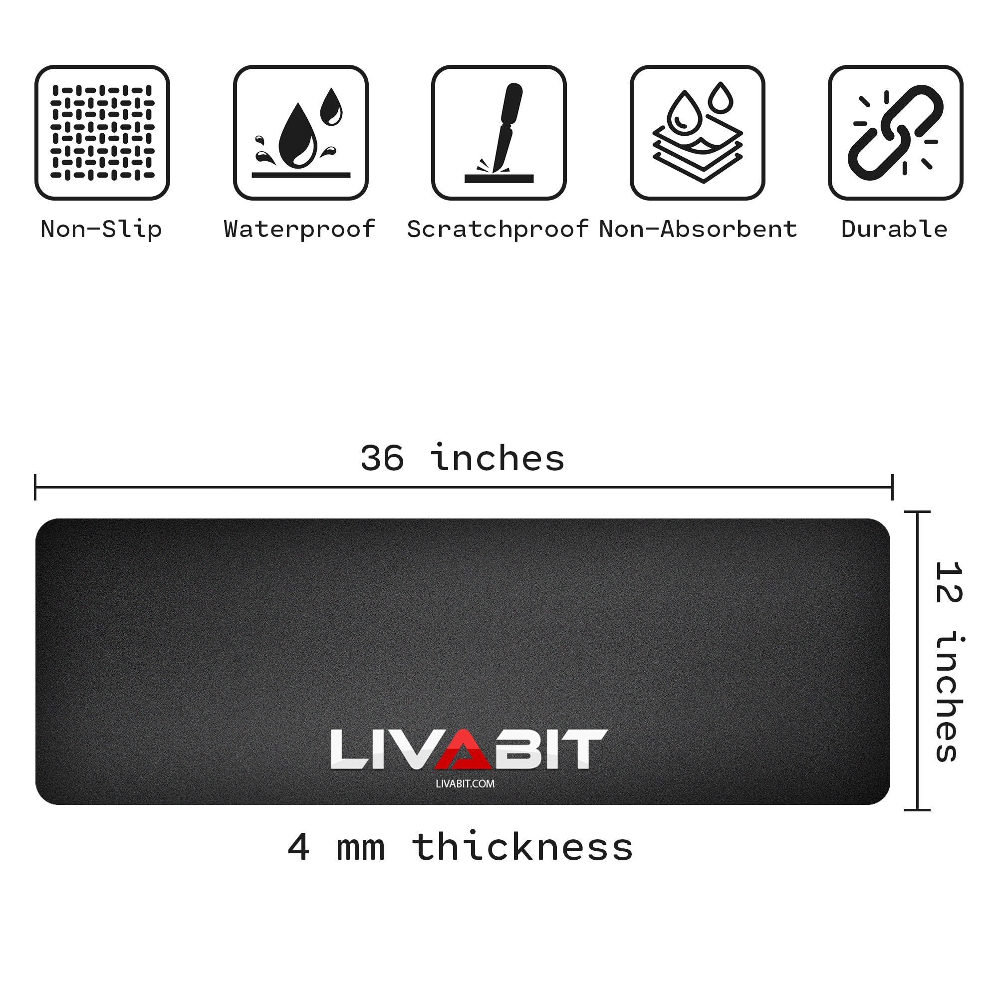 LIVABIT – 12” X 36” inch Gunsmith Cleaning Tool Work Bench - Non-Slip and Oil Resistant Neoprene Gun Mat - 4 mm Thickness - Compatible with Rifles and Small to Large Pistols – Black