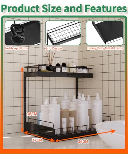 ZJSYMZY Under Sink Organizer,2 Tier Sliding Under Cabinet Storage,Heavy Load Carbon Steel Under Sink Storage for Kitchen Bathroom