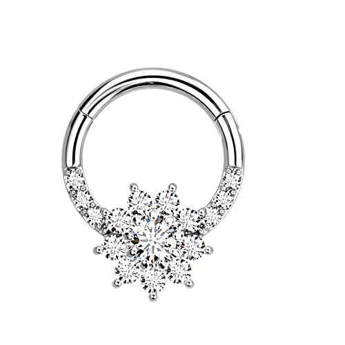 Pierced Owl 16GA Precision All 316L Stainless Steel CZ Crystal Lined and Flower Center Hinged Segment Ring (Silver Tone)