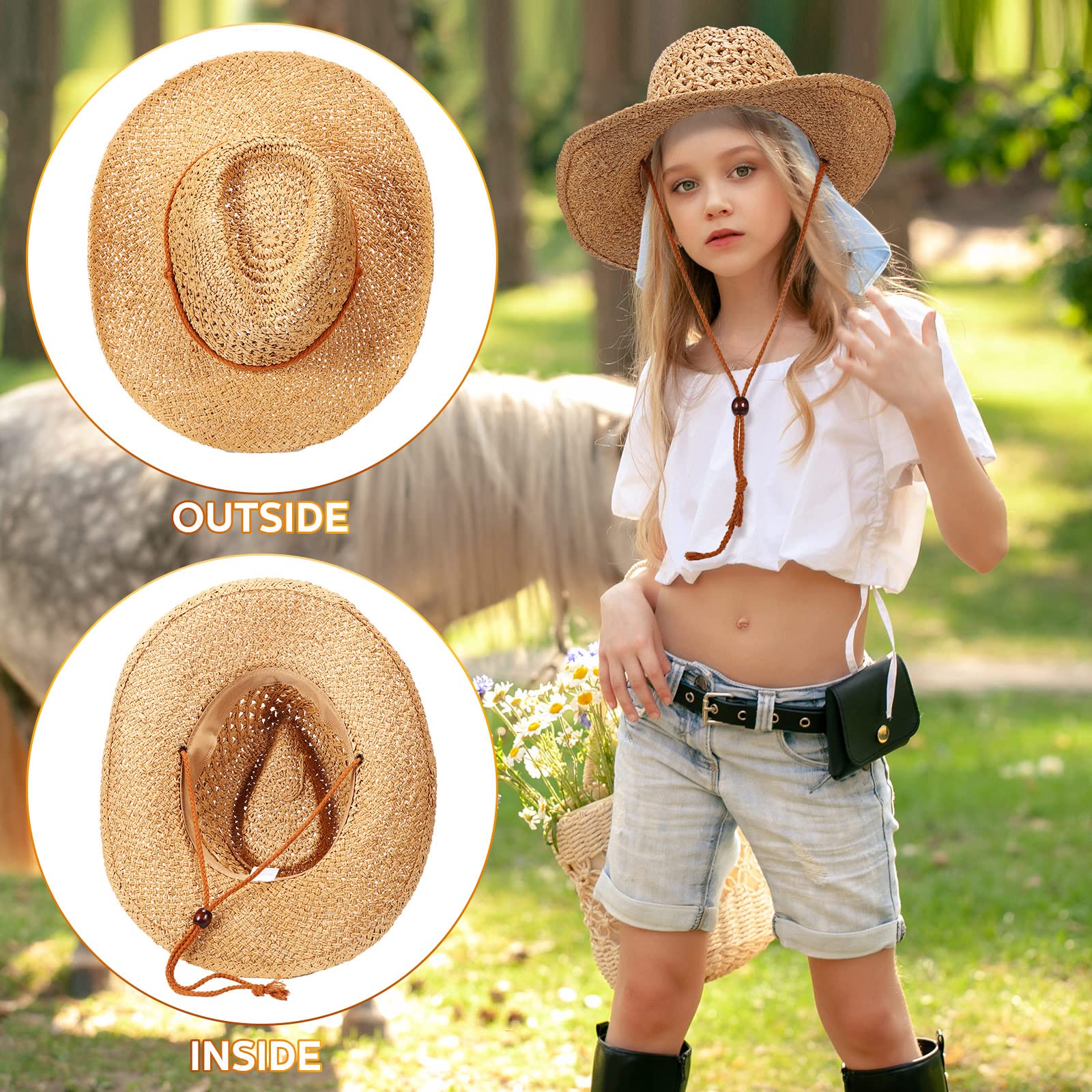 Unittype 6 Pcs Western Cowboy Straw Hats Shapeable Handmade Woven Sunscreen Beach Hat for Women Men Outdoor Seaside (Khaki)