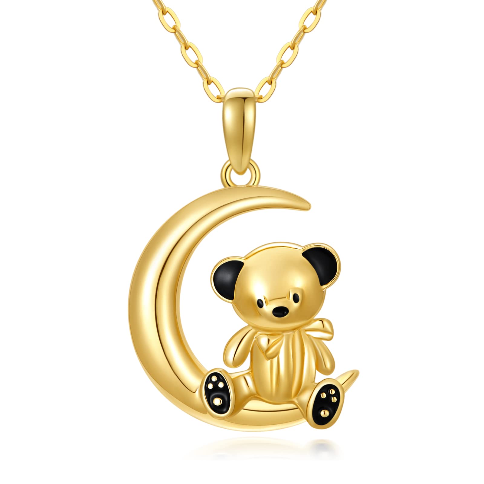 MRENITE Solid 14k Gold Moon Bear Necklace for Women Real Gold Cute Bear Pendant Jewelry Gift Birthday Gift for Her