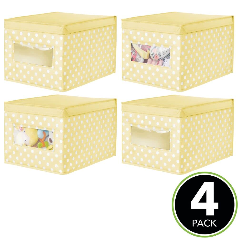mDesign Large Soft Stackable Fabric Baby Nursery Storage Organizer Holder Bin Box with Front Window/Lid for Child/Kids Bedroom, Playroom, Classroom, Lido Collection, 4 Pack, Lt Yellow/White Polka Dot
