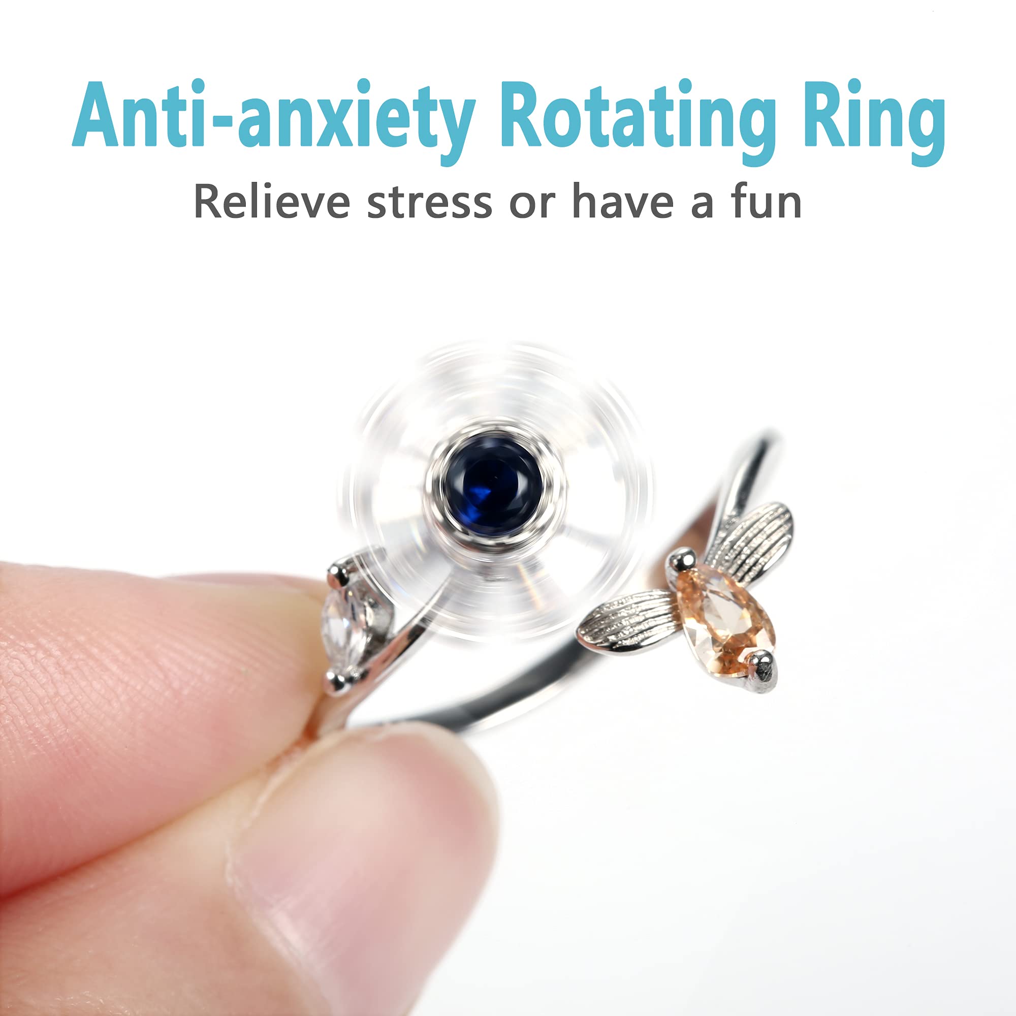 SAILIMUE 8Pcs Fidget Anxiety Rings for Women Fidget Rings for Anxiety Adjustable Open Fidget Ring Set with Box Cubic Zirconia Flower Beads Rotatable Worry Ring Anxiety Stress Relief Ring