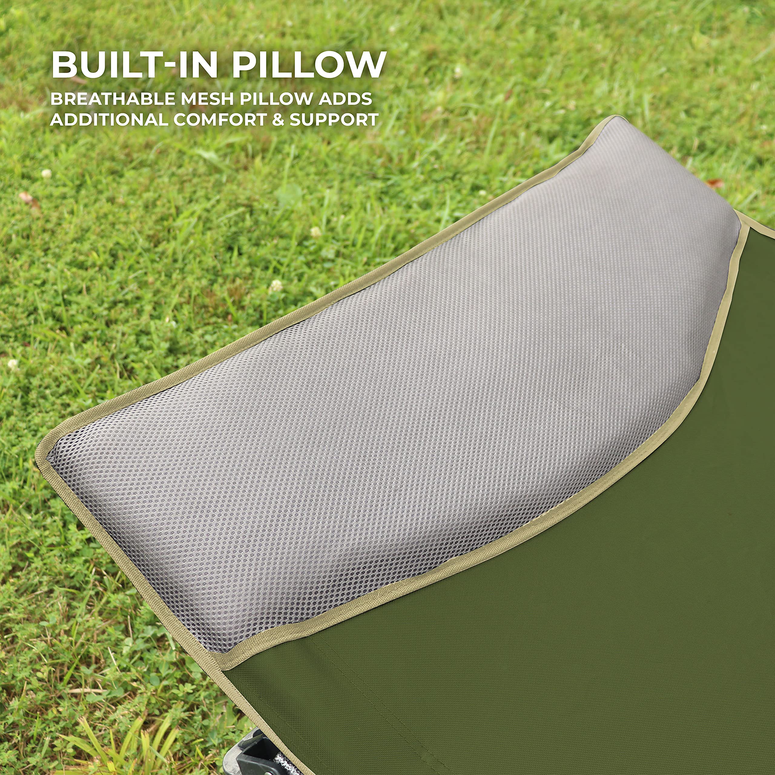 OSAGE RIVER XL Folding Camping Cot with Pocket and Built-in Pillow, Supports up to 440 lbs, Portable Sleeping Bed for Backpacking, Travel, or Camping, Green and Tan