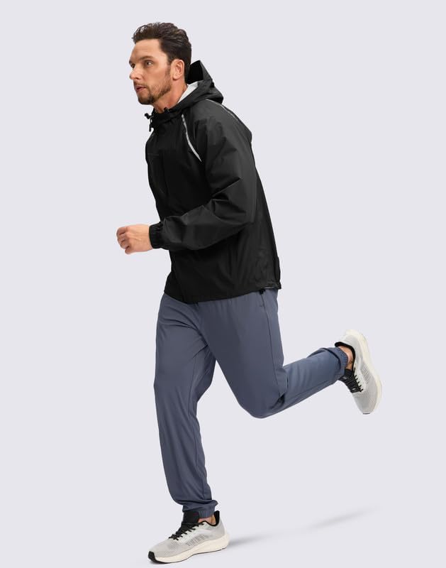 Men's Cycling Rain Jackets Waterproof Running Windbreaker Hooded Reflective Bike Hiking Biking Windproof Bicycle Riding(Black,XL)