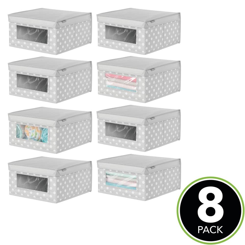 mDesign Medium Soft Stackable Fabric Baby Nursery Storage Organizer Holder Bin Box with Front Window and Lid for Child/Kids Bedroom, Playroom, Classroom, Lido Collection, 8 Pack - Gray/White Polka Dot