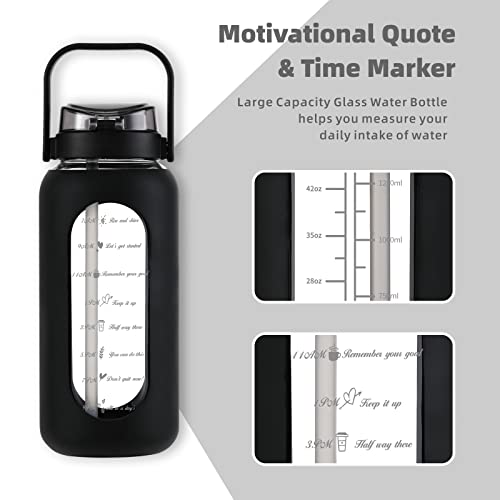 SIEROZUR 74oz Glass Water Bottle Jug with Straw 2.2L Large Half Gallon Motivational Bottle with Handle and Time Marker Wide Mouth Water Canteen with Silicone Sleeve