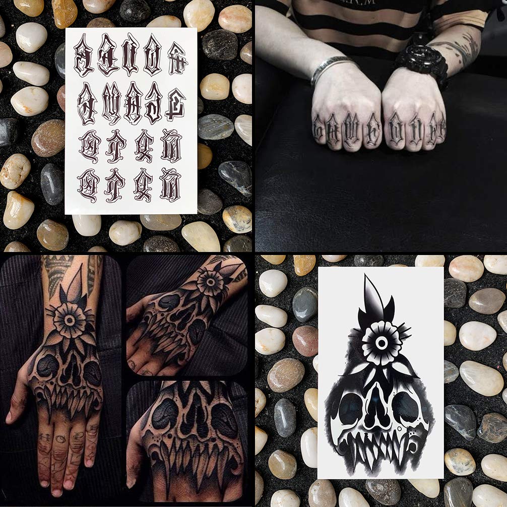 Oottati Waterproof 9 Sheets Back of Hand Fake Temporary Tattoo Stickers - Black Halloween Skull Horror Eye Devil Sun Moon Totem (Halloween)